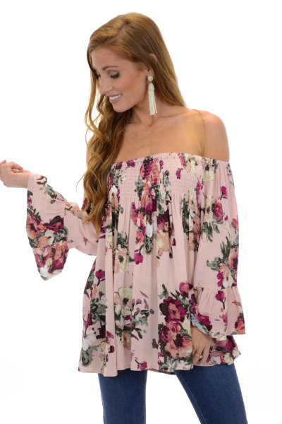Pink Bouquet Top - Off Shoulder - Tops - The Blue Door Boutique