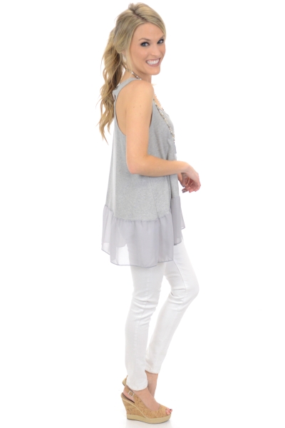 Ruffle Bottom Ribbed Tank, Grey - Short Sleeve & Sleeveless - Tops ...
