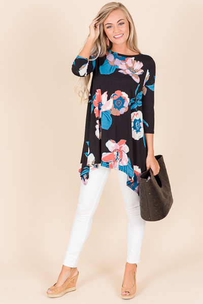 Floral Fun Tunic, Black - 3/4 & Long Sleeve - Tops - The Blue Door Boutique