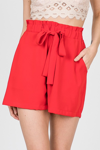Ruffle Waist Tie Shorts, Red - Shorts - Bottoms - The Blue Door Boutique