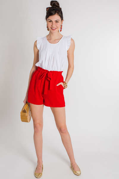 Ruffle Waist Tie Shorts, Red - Shorts - Bottoms - The Blue Door Boutique