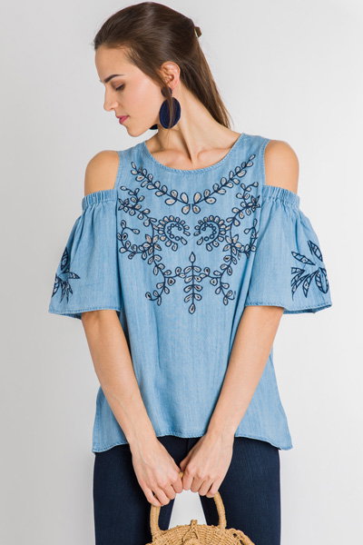 Embroidered Denim Cold Shoulder - Sale - The Blue Door Boutique