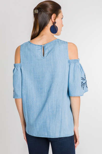 Embroidered Denim Cold Shoulder - Sale - The Blue Door Boutique