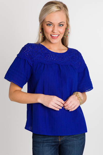 Lace Yoke Top, Cobalt - SALE - The Blue Door Boutique