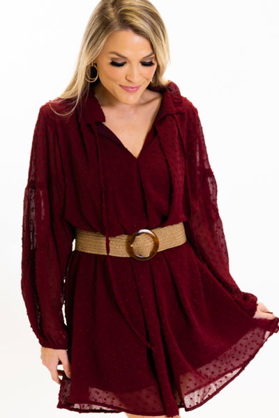 Burgundy Swiss Dot Dress - Dresses - The Blue Door Boutique
