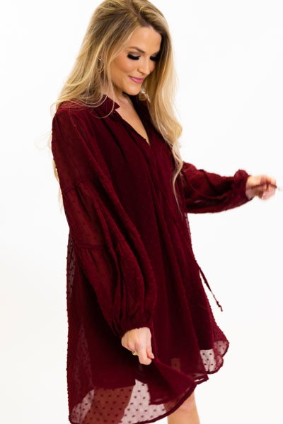 Burgundy Swiss Dot Dress - Dresses - The Blue Door Boutique