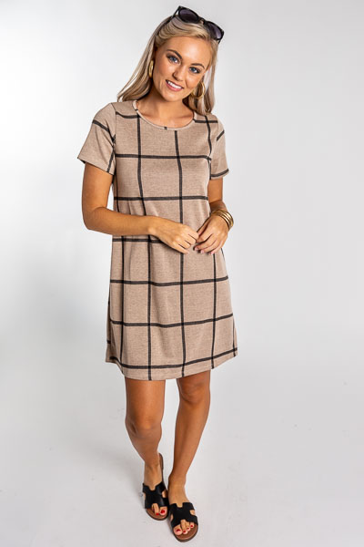Window Pane Shift, Taupe - Dresses w/ Sleeves - Dresses - The Blue Door ...