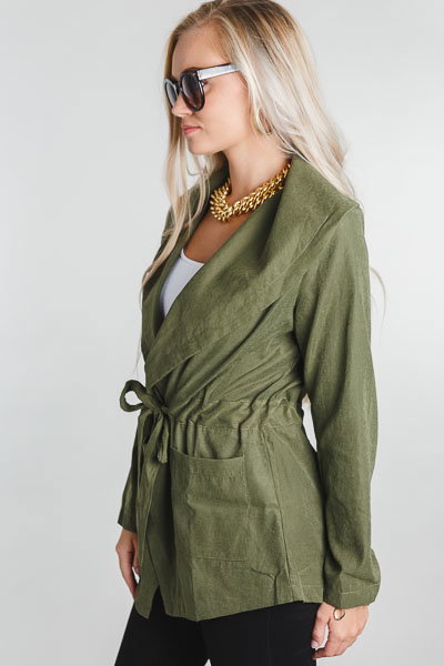 Suede Feel Tie Jacket, Olive - Tops - The Blue Door Boutique