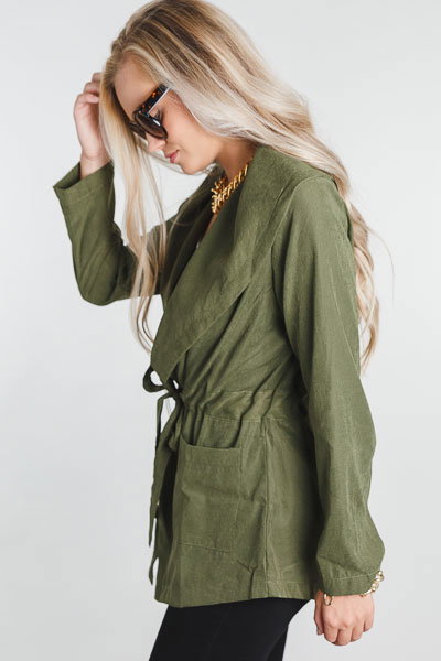 Suede Feel Tie Jacket, Olive - Tops - The Blue Door Boutique