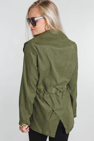 Suede Feel Tie Jacket, Olive - Tops - The Blue Door Boutique