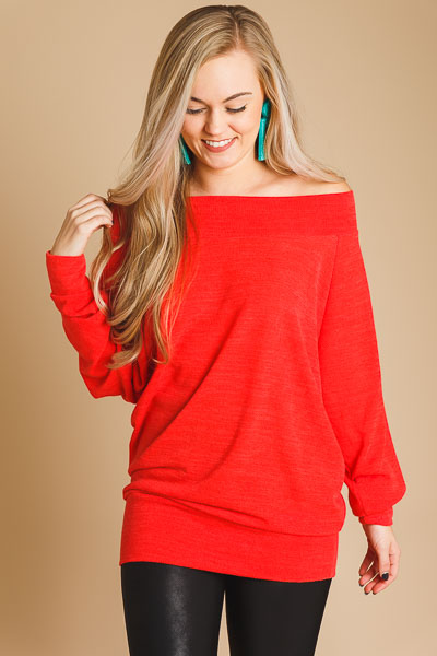Banded Off Shoulder Tunic, Cherry - SALE - The Blue Door Boutique