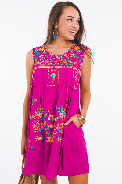 Fiesta Stitched Sundress, Magenta - Dresses - The Blue Door Boutique