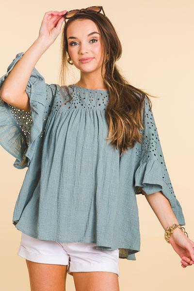 Eyelet Cutout Blouse, Dusty Mint - 3/4 & Long Sleeve - Tops - The Blue ...