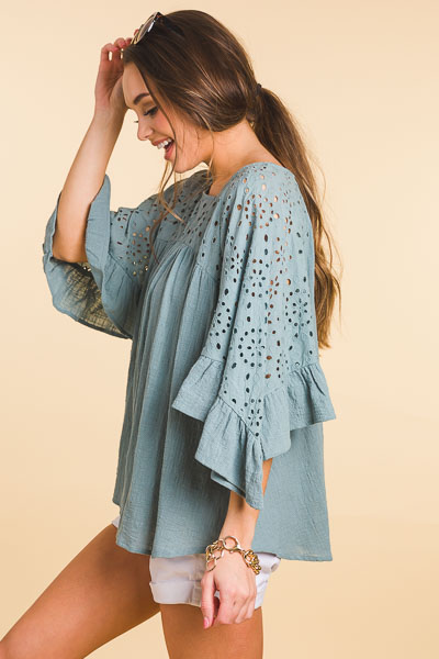 Eyelet Cutout Blouse, Dusty Mint - 3/4 & Long Sleeve - Tops - The Blue ...