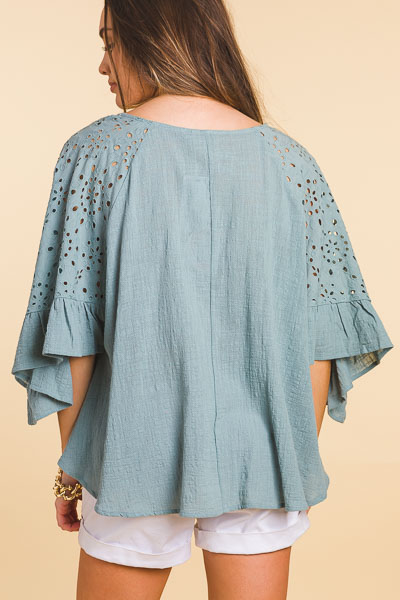 Eyelet Cutout Blouse, Dusty Mint - 3/4 & Long Sleeve - Tops - The Blue ...
