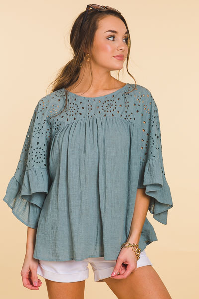 Eyelet Cutout Blouse, Dusty Mint - 3/4 & Long Sleeve - Tops - The Blue ...