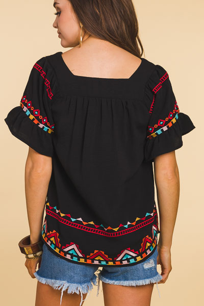 Square Neck Boho Top, Black - Short Sleeve & Sleeveless - Tops - The ...