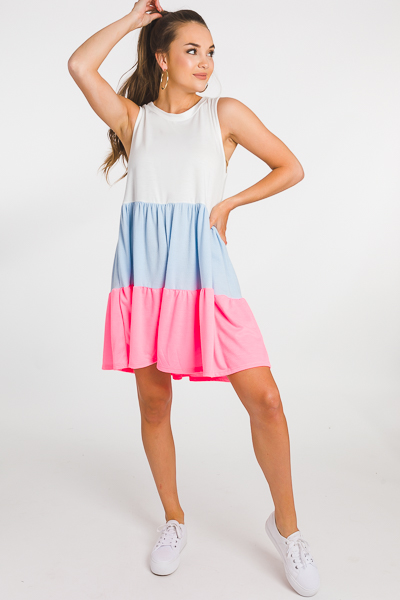 Colorblock Dress, Neon Pink - Sleeveless - Dresses - The Blue Door Boutique