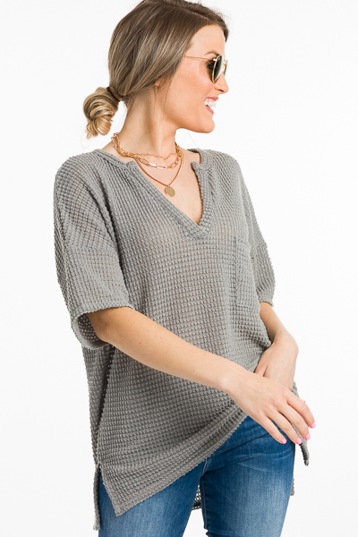 Split Neck Waffle Tee, Grey - Comfy - The Blue Door Boutique