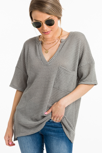 Split Neck Waffle Tee, Grey - Comfy - The Blue Door Boutique