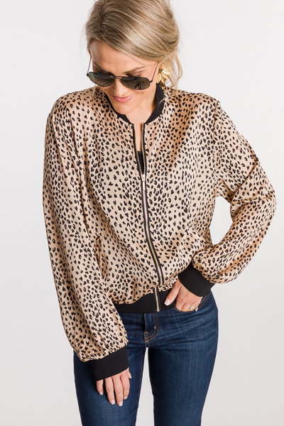 Satin Leopard Bomber, Taupe - Jackets / Coats / Vests / Blazers - Tops ...