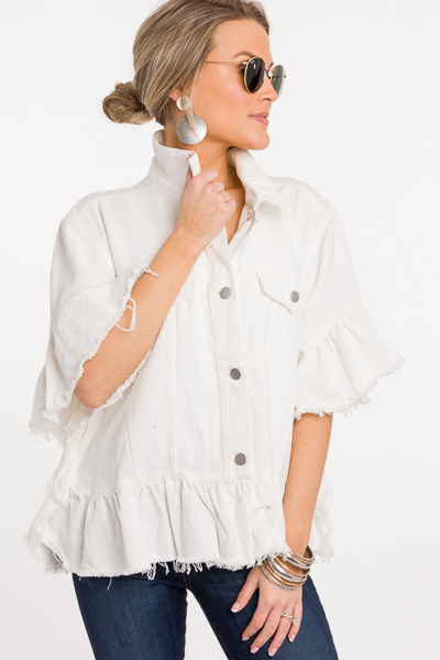 Ruffle Trim Denim Jacket, White - Jackets / Coats / Vests / Blazers ...
