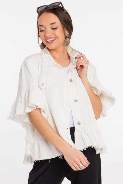 Ruffle Trim Denim Jacket, White - Tops - The Blue Door Boutique
