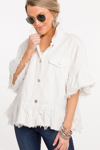 Ruffle Trim Denim Jacket, White - Tops - The Blue Door Boutique