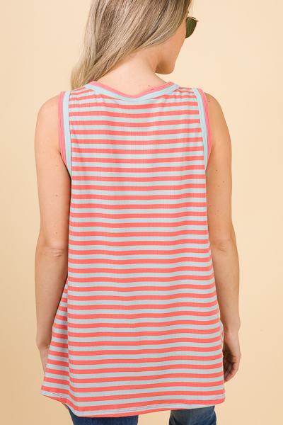 Ribbed Tank, Coral Teal Stripes - Tops - The Blue Door Boutique