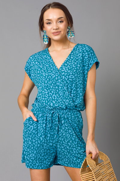 Teal Leopard Surplice Romper - Rompers / Jumpsuits - The Blue Door Boutique