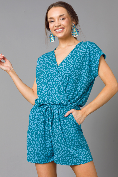 Teal Leopard Surplice Romper - Rompers / Jumpsuits - The Blue Door Boutique