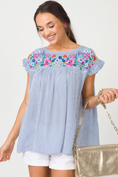 Flowers & Pinstripes Top, Blue - Short Sleeve & Sleeveless - Tops - The ...