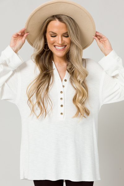 Mel Ribbed Henley, Ivory - Comfy - The Blue Door Boutique