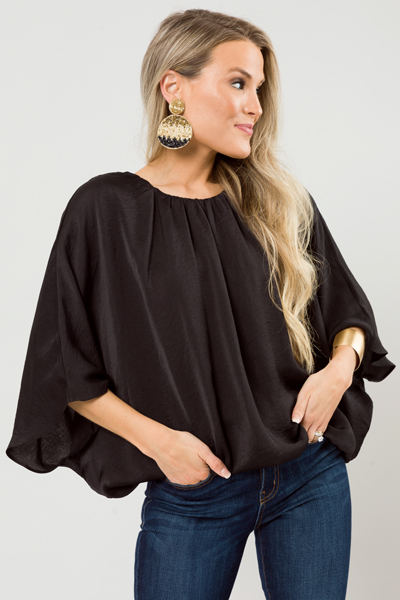 Satin Bubble Blouse, Black - 3/4 & Long Sleeve - Tops - The Blue Door ...