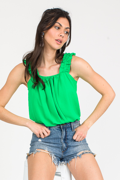 Solid Ruffle Strap Tank, Kelly Green - SALE - The Blue Door Boutique
