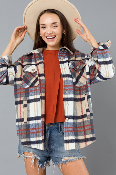 Brushed Plaid Shacket, Navy - Jackets / Coats / Vests / Blazers - Tops ...