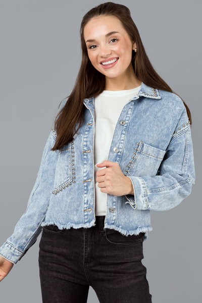 Studded Distress Denim Jacket - Tops - The Blue Door Boutique