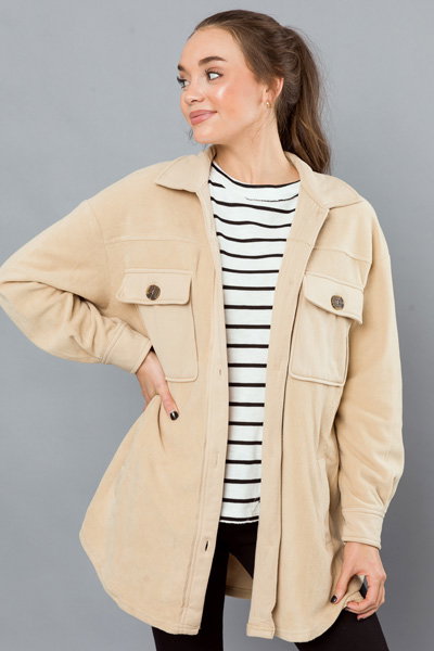 Fleece Shacket, Beige - Tops - The Blue Door Boutique