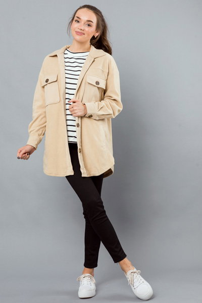 Fleece Shacket, Beige - Tops - The Blue Door Boutique