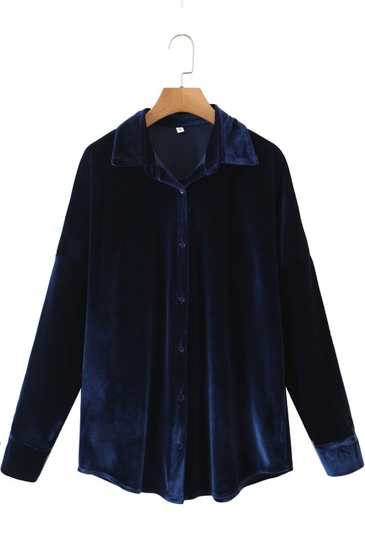 Navy Velvet Button Down - 3/4 & Long Sleeve - Tops - The Blue Door Boutique