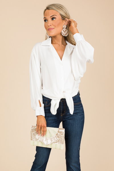 Tie Front Button Top, White - Tops - The Blue Door Boutique