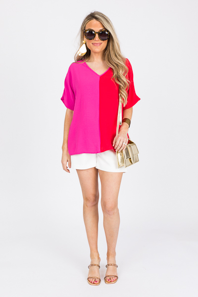 Boxy Two-Tone Blouse, Red Combo - New Arrivals - The Blue Door Boutique