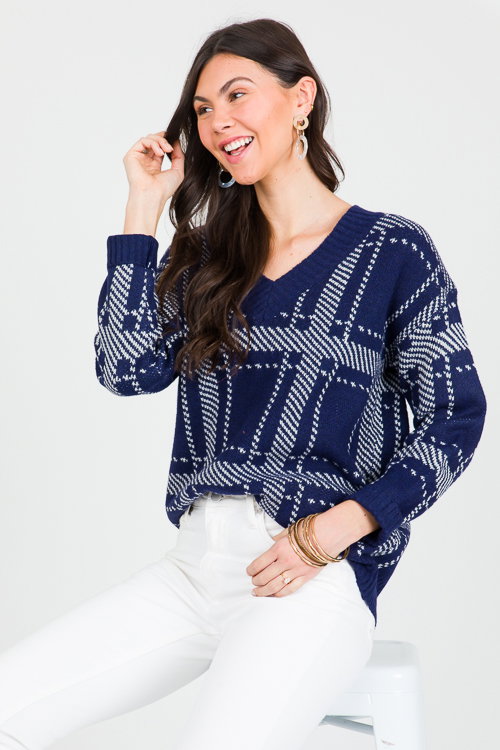 V-Neck Plaid Sweater, Navy - SALE - The Blue Door Boutique