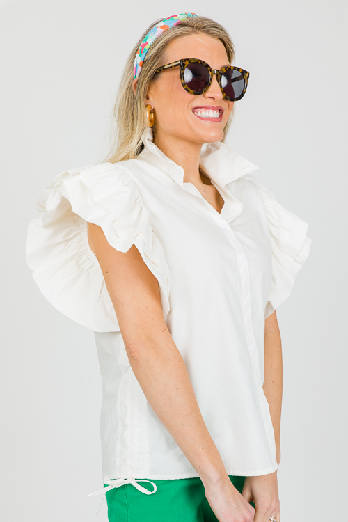 Ruffle Sleeves Button Top, Ivory - New Arrivals - The Blue Door Boutique