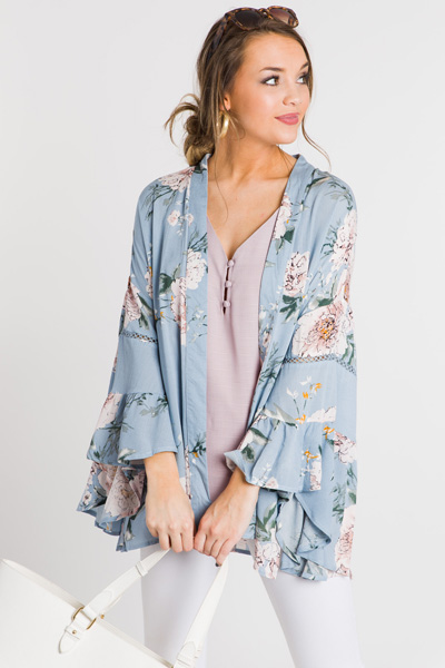 Powder Blue Floral Kimono - Kimonos - Tops - The Blue Door Boutique