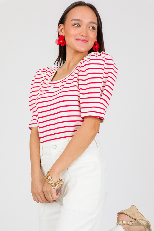 Puff Sleeve Stripe Top, White/Red - New Arrivals - The Blue Door Boutique