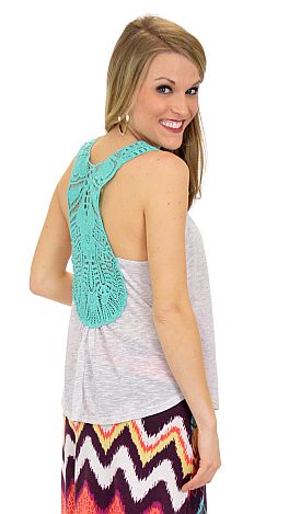 Crochet Back Tank, Mint - The Blue Door Boutique