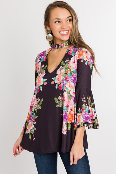 Floral Choker Neck Blouse - Sale - The Blue Door Boutique
