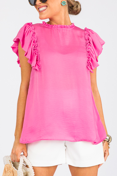 Satin Ruffle Blouse, Pink - Sale - The Blue Door Boutique