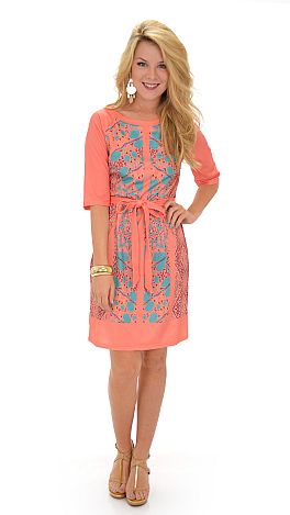 Liquid Heaven, Belted Coral Anc - Dresses - The Blue Door Boutique